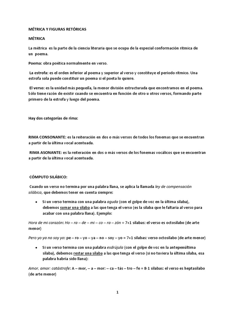 Métrica y Figuras Retóricas | PDF | Metro (poesía) | Rima