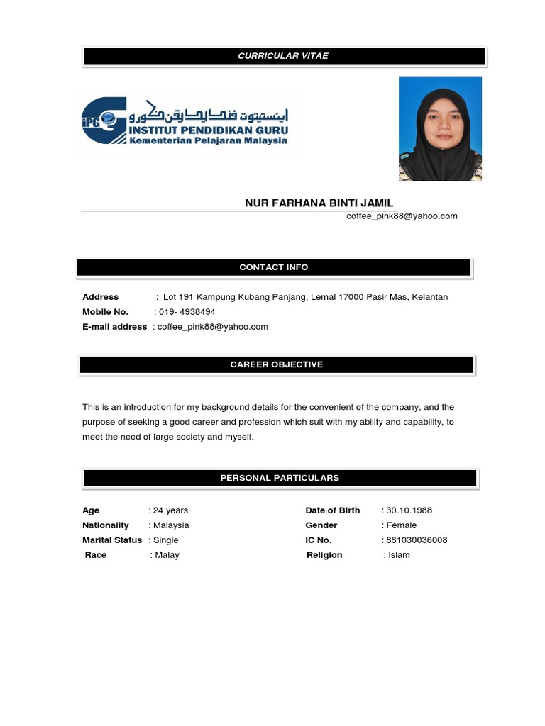 Nur Farhana Binti Jamil: Curricular Vitae | PDF | Career & Growth | Social Science