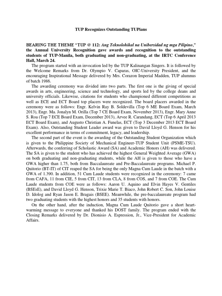 TUP Recognizes Outstanding TUPians | PDF | Qualifications | Academia