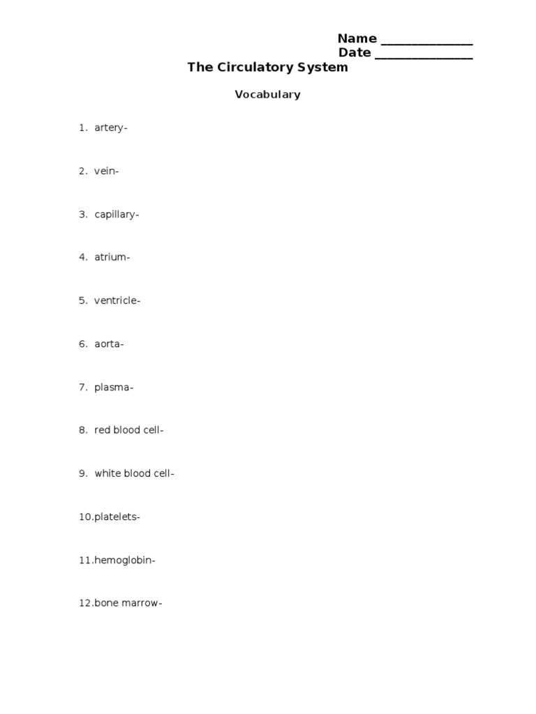 Circulatory System Vocabulary List | PDF | Law | Science & Mathematics
