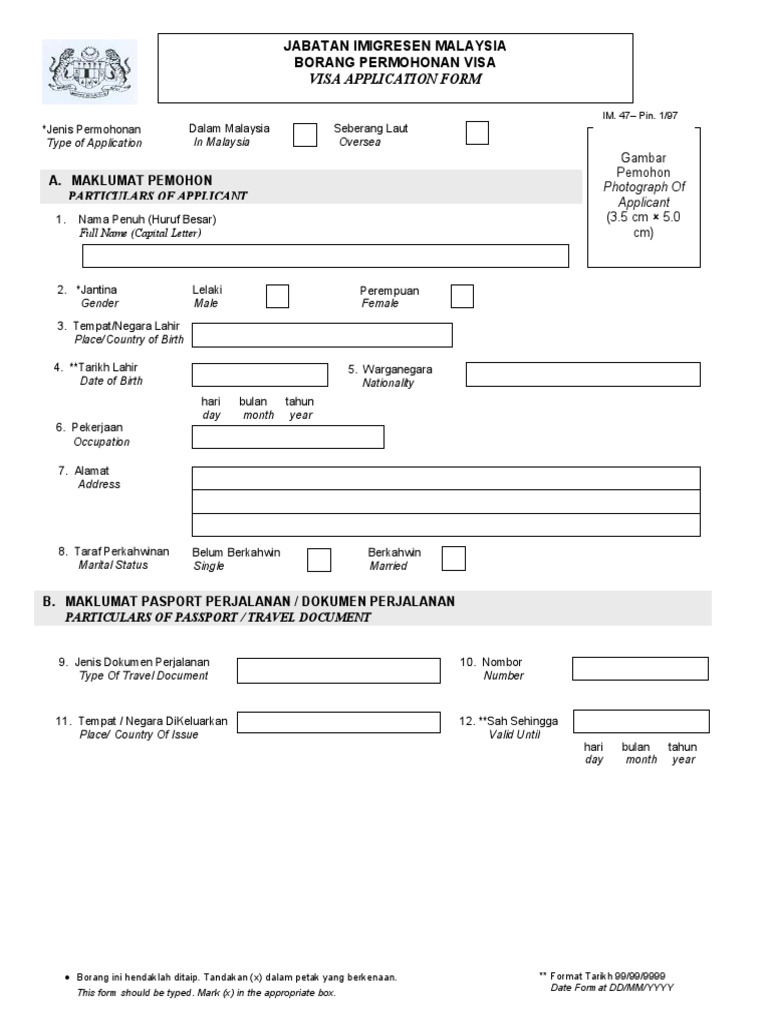 Malaysian Immigration Visa Application Form | PDF