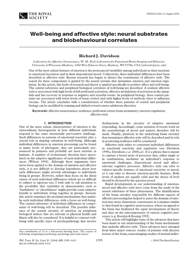 Well-Being and Affective Style: Neural Substrates and Biobehavioural ...