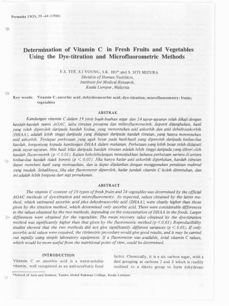 Determination of Vitamin C in Fresh Fruits and Vegetables | PDF