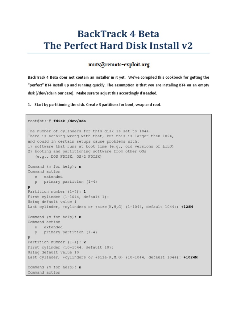 Backtrack 4 Beta The Perfect Hard Disk Install V2: Fdisk /Dev/Sda | PDF