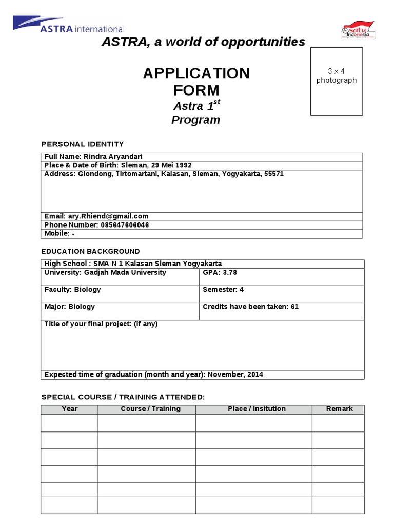 Application Form: ASTRA, A World of Opportunities | PDF | Business | Science & Mathematics