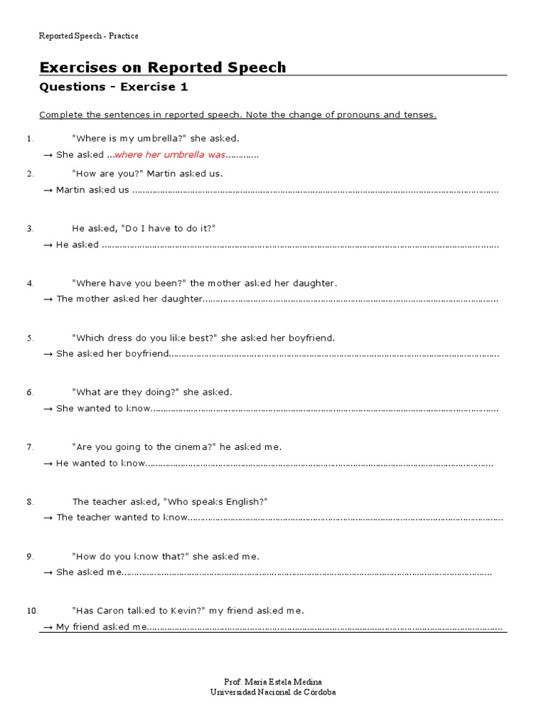 Exercises On Reported Speech: Questions - Exercise 1 | PDF | Language ...