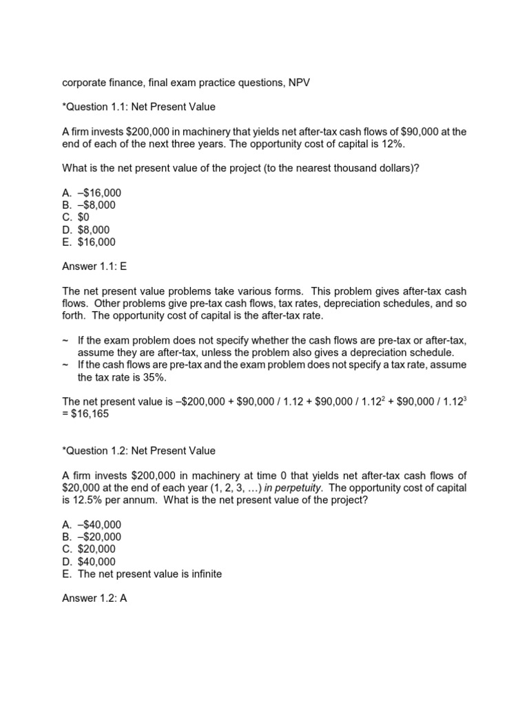 Net Present Value Sample Questions 2 | PDF | Net Present Value ...
