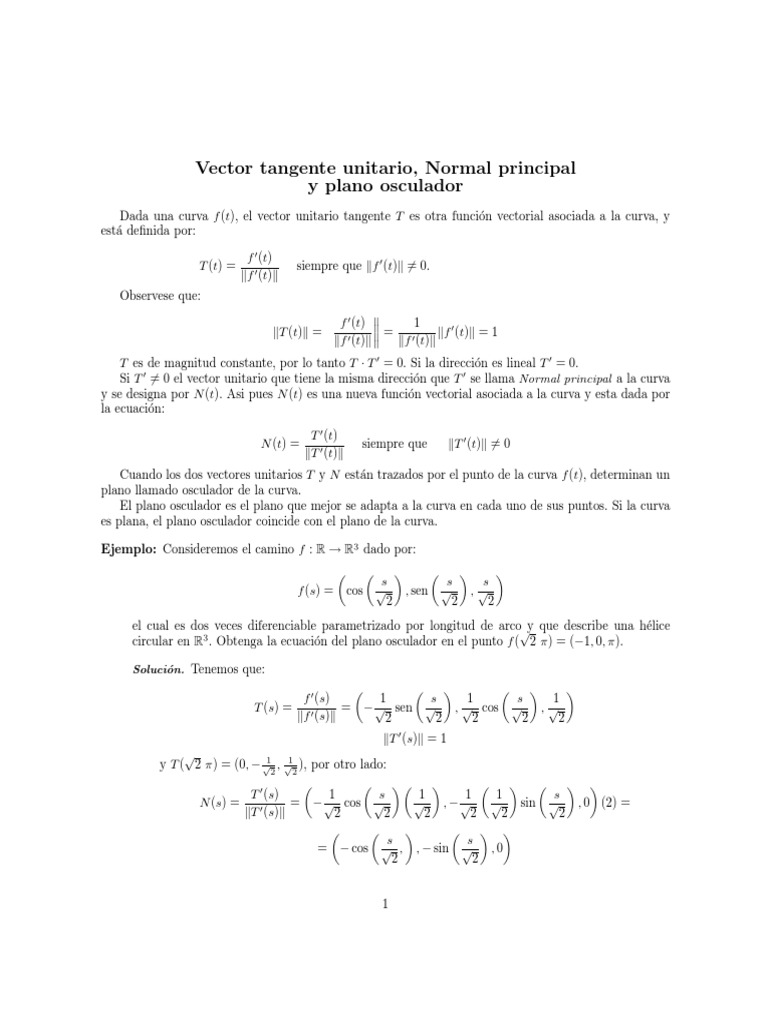Vector Tangente Unitario, Normal Principal y Plano Osculador PDF | PDF