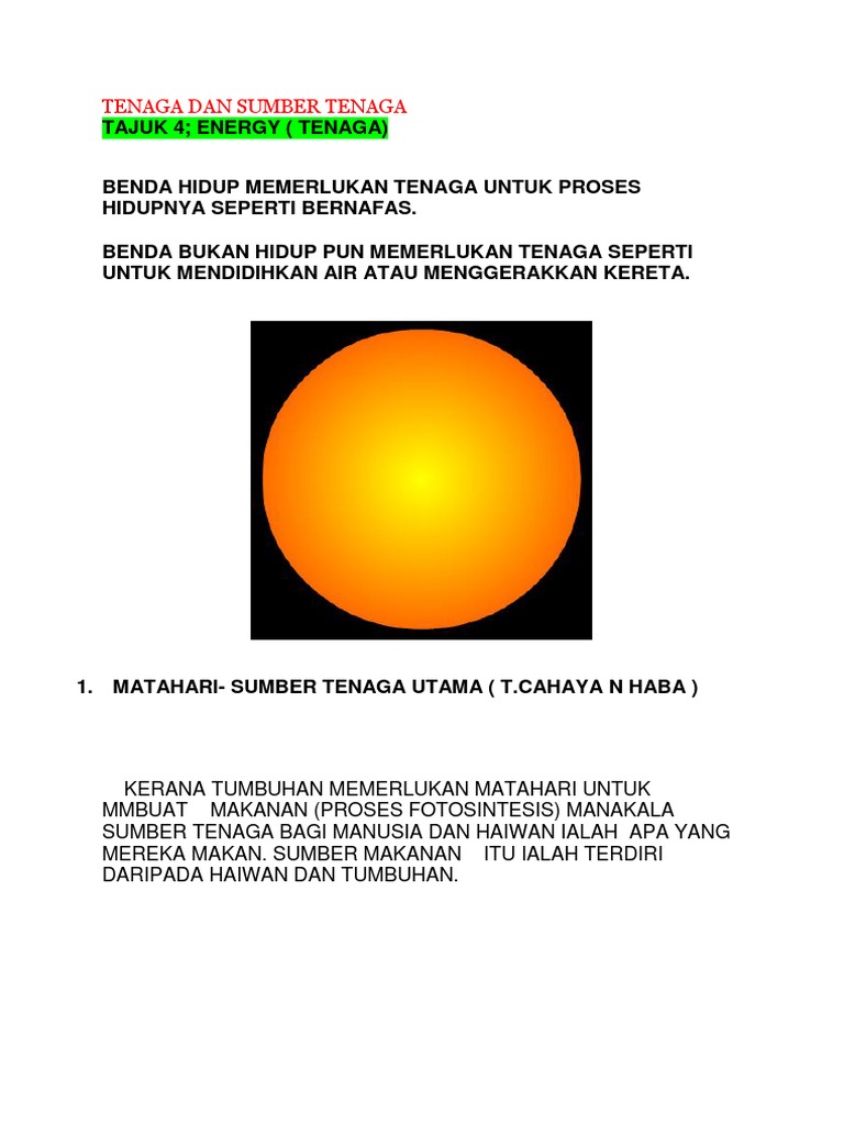 TENAGA, Sains Tahun 5, Jenis-Jenis Tenaga | PDF