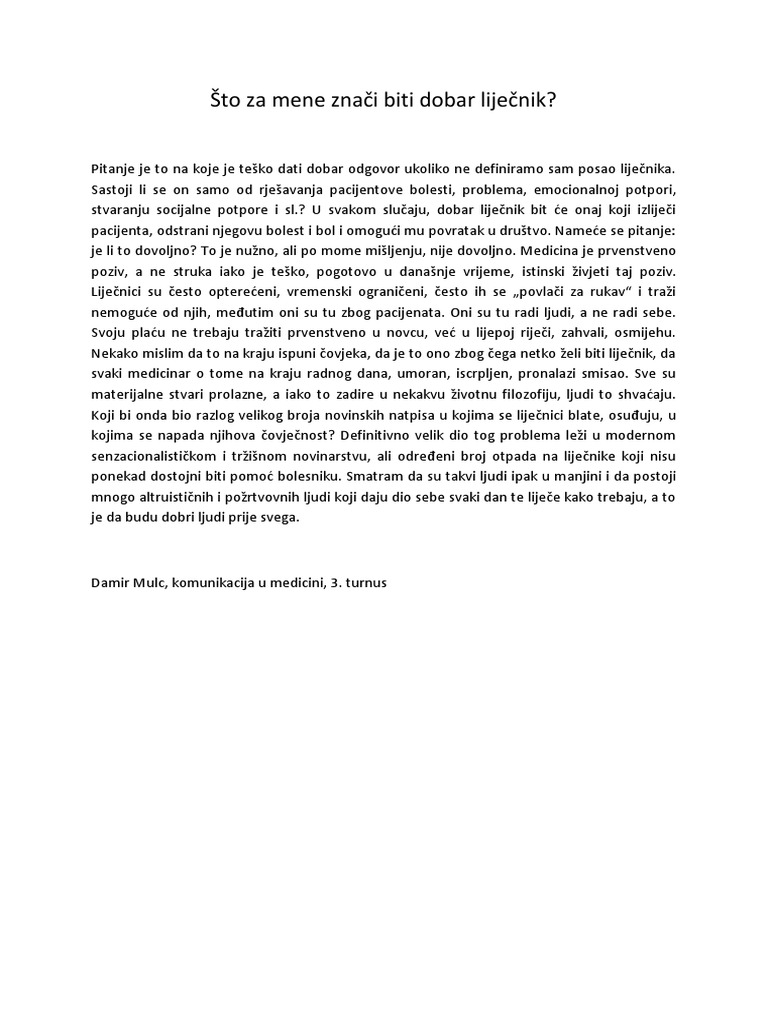 Što Za Mene Znači Biti Dobar Liječnik | PDF