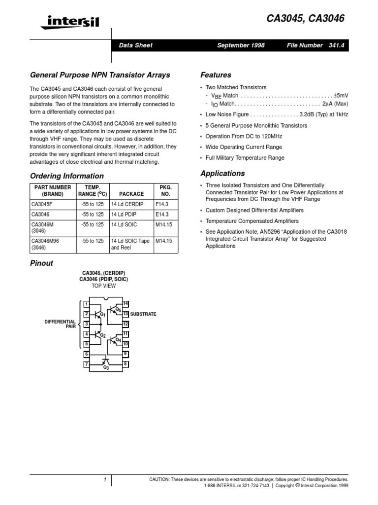 CA3046 NPN Transistor Array | PDF | Transistor | Electrical Impedance