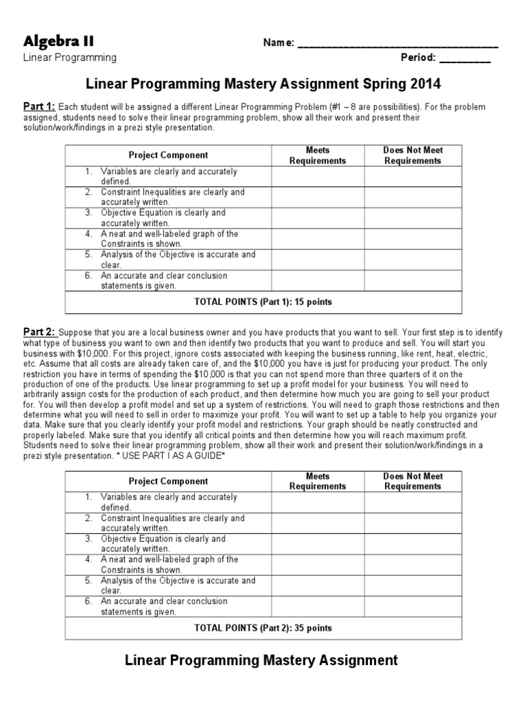 Linear Programming Mastery Assignment Spring 2014 Pdf Teaching