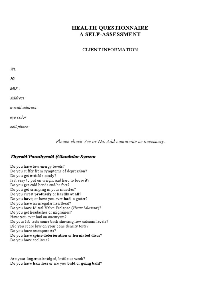 Health Questionnaire Form | PDF | Organ (Anatomy) | Animal Anatomy