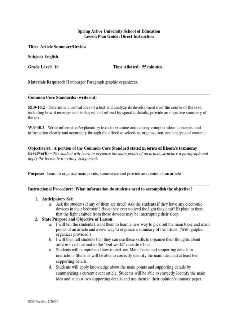 Lesson Plan 2 Hamburger Paragraph | PDF | Lesson Plan | Reading (Process)