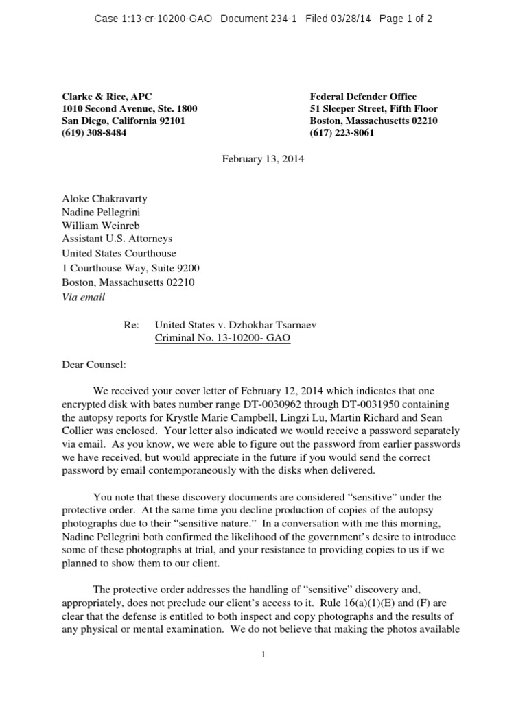 234-1 Defense Letter To Govt Re Autopsy Photos 032814 | PDF