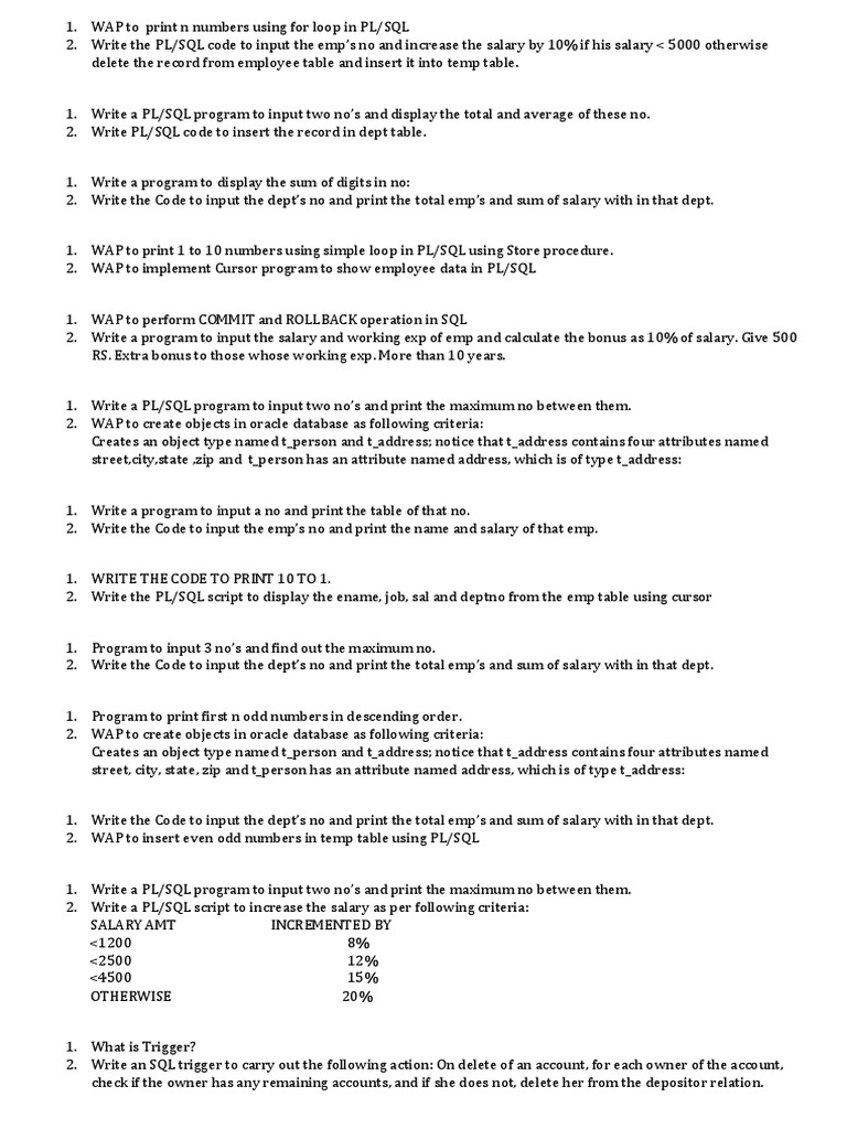 ADBMS PRactical List | Download Free PDF | Pl/Sql | Sql ADBMS PRactical List | Download Free PDF | Pl/Sql | Sql
