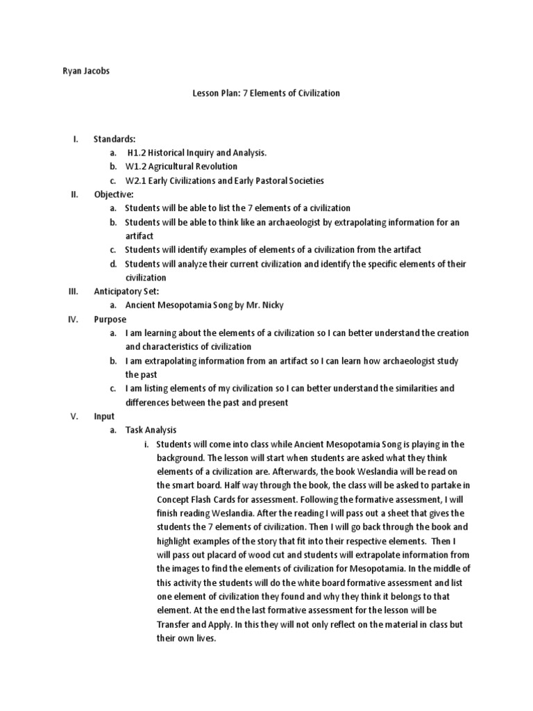 Lesson Plan-Elements of Civilization | PDF | Civilization | Educational ...