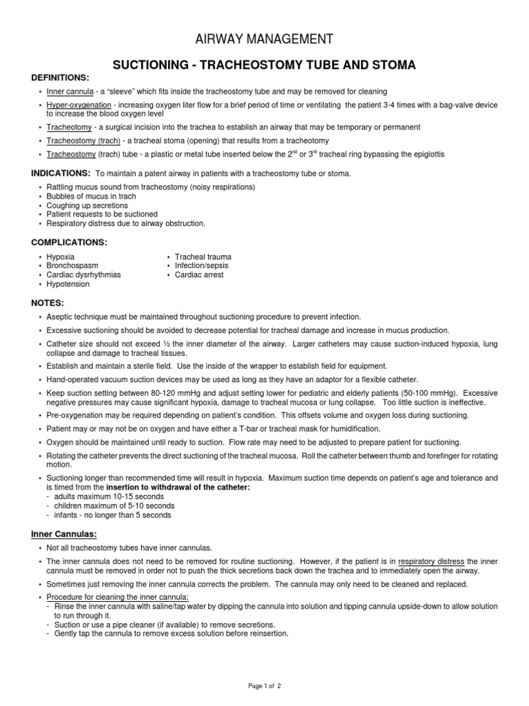 Tracheostomy Suctioning Skill | PDF | Respiration | Medicine