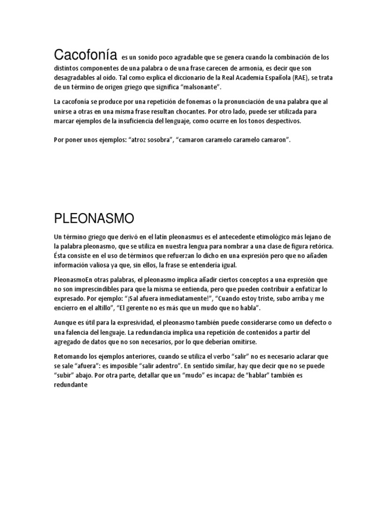 Figuras Retóricas: Cacofonía y Pleonasmo | PDF | Idiomas | Artes del ...