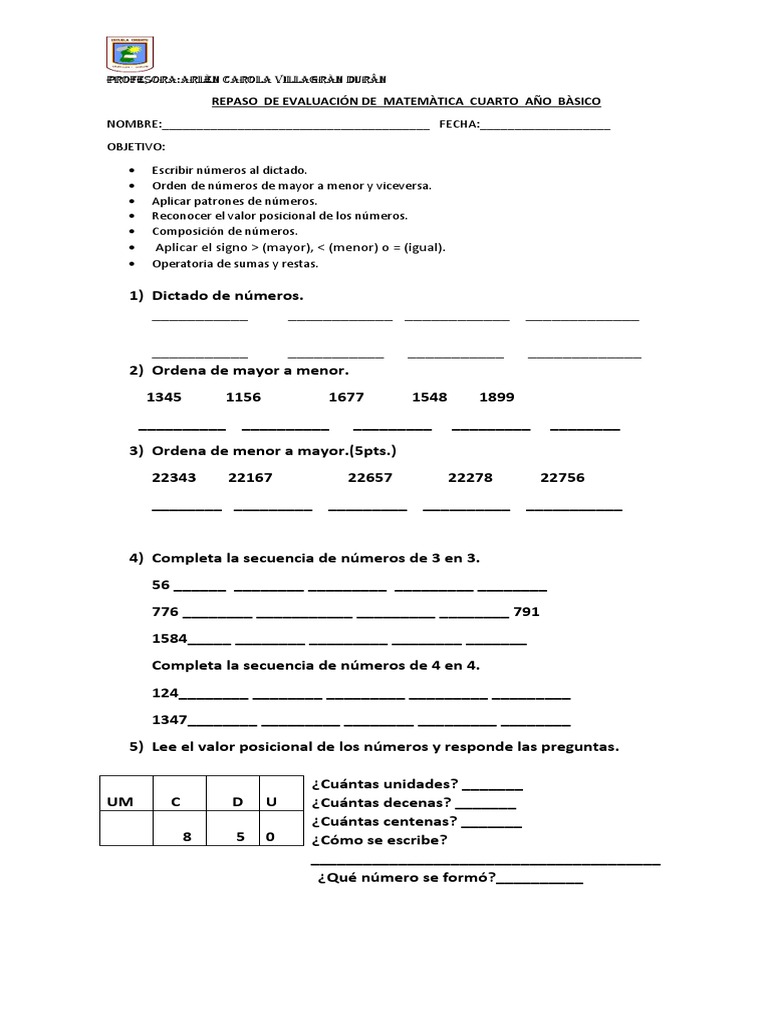 Guía de Matemàtica Cuarto Bàsico | PDF