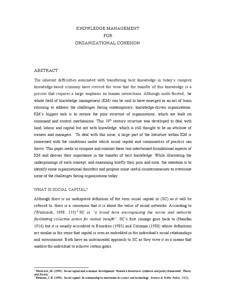Knowledge Management For Organizational Cohesion | PDF | Social Capital | Knowledge Management