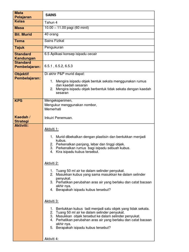 Contoh RPH Sains KSSR Tahun 4 | PDF