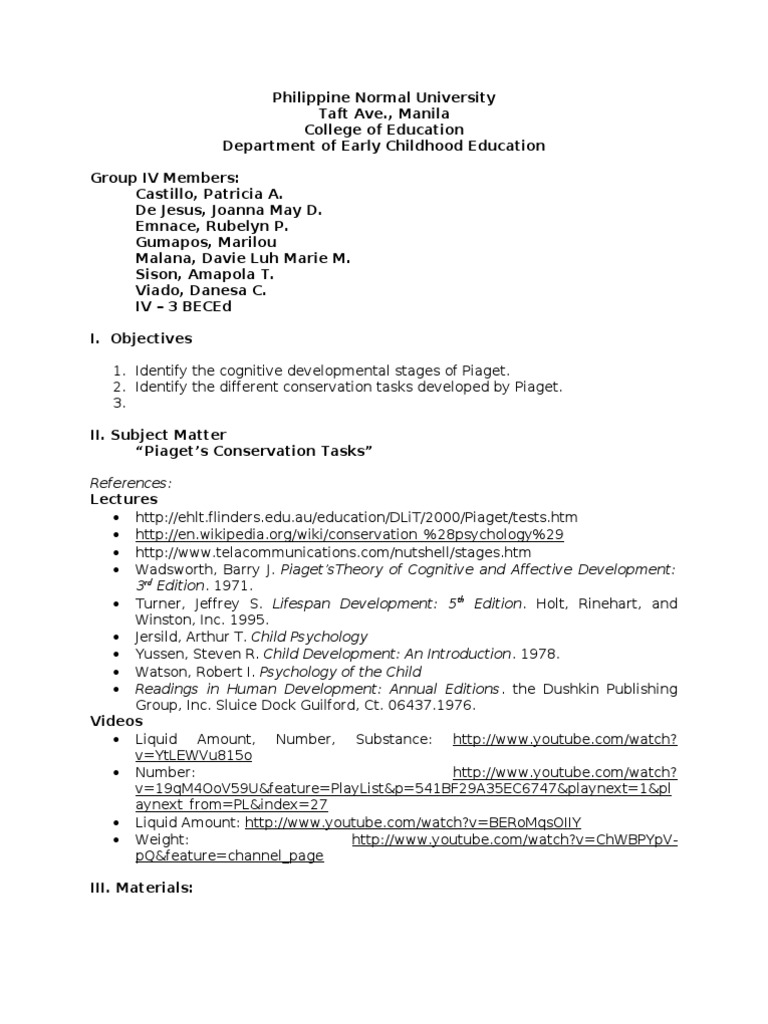 Lesson Plan - Conservation Task | PDF | Emergence | Neuropsychological ...