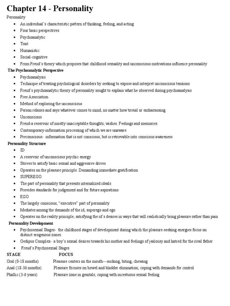 Chapter 14 Personality Outline AP Psychology | PDF | Defence Mechanisms ...
