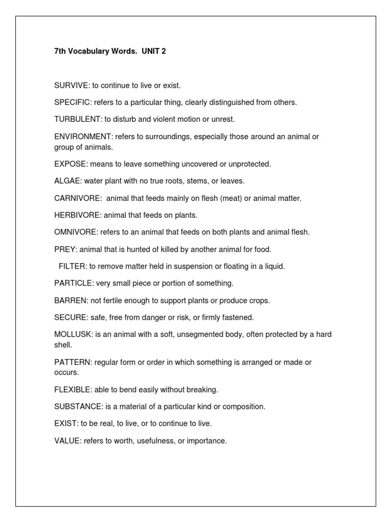 7th Grade Vocabulary Words - Unit 2 | PDF