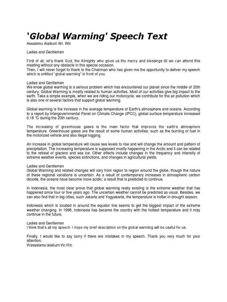 Global Warming' Speech Text | PDF | Global Warming | Greenhouse Effect