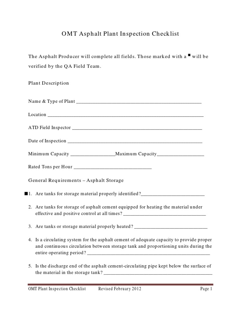 Asphalt Plant Inspection Checklist | PDF | Weighing Scale | Asphalt