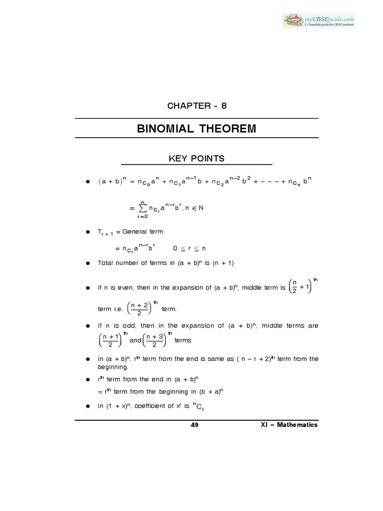 11 Maths Impq 08 Binomial Theorem | PDF | Mathematical Concepts | Numbers