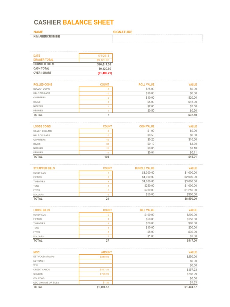 Cashier Balance Sheet | PDF