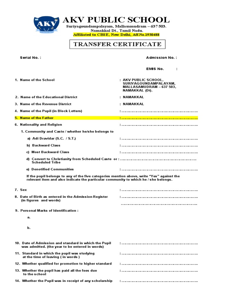 Akv Public School: Transfer Certificate | PDF