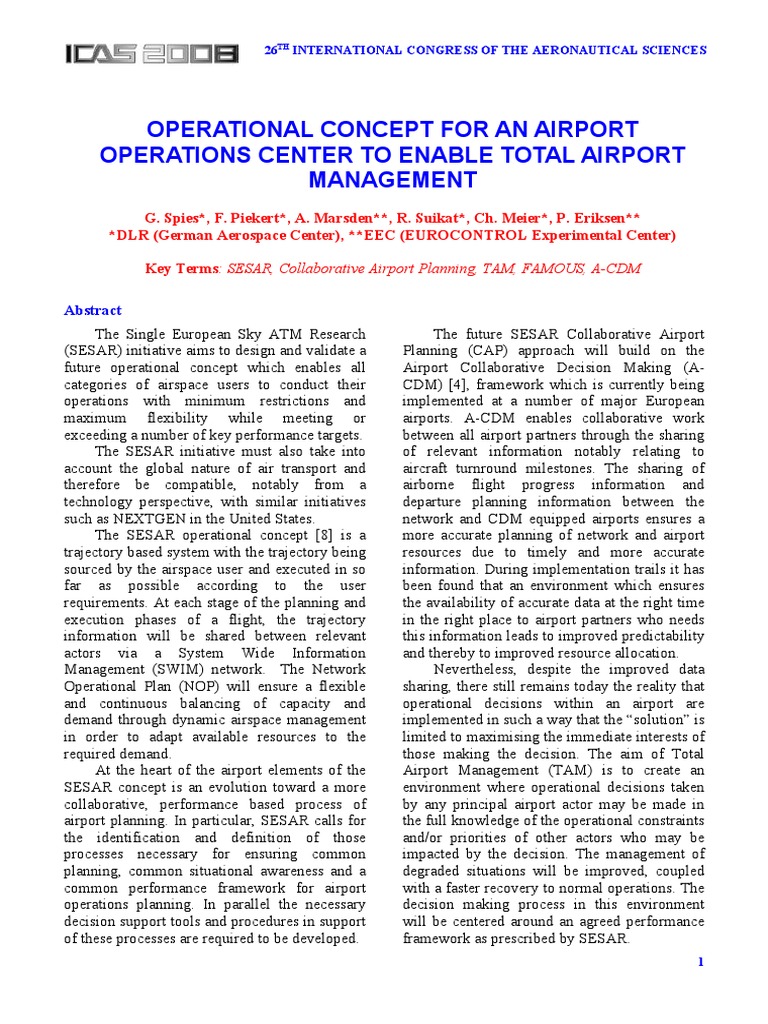 Operational Concept For An Airport Operations Center To Enable Total Airport Management | PDF ...