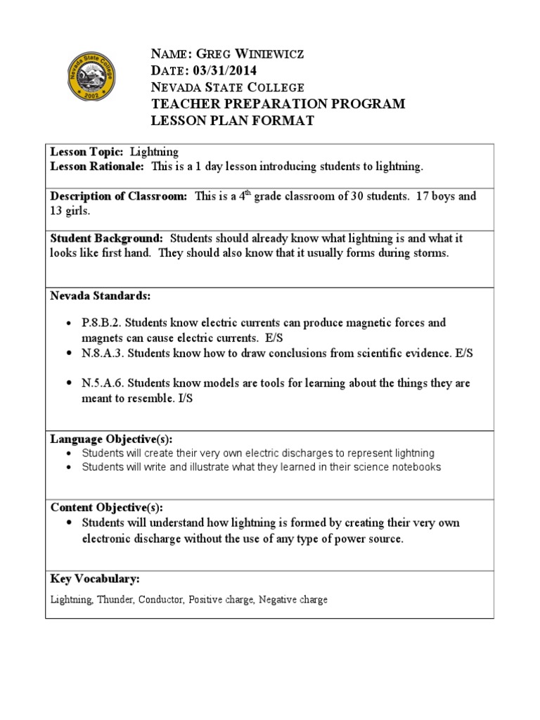 NSC Lesson Plan | PDF | Lightning | Lesson Plan