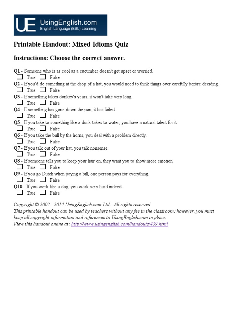 Mixed Idioms Quiz - Printable Teacher Handout - UsingEnglish | PDF ...
