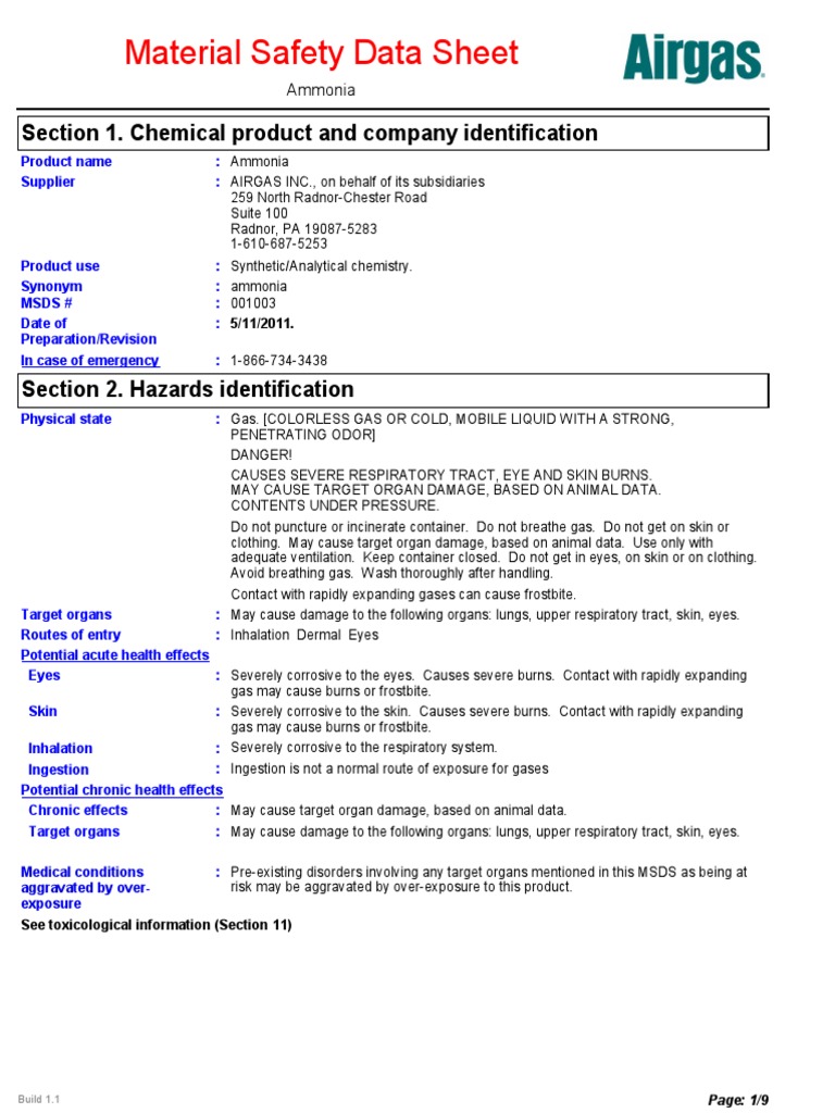 Msds Ammonia | Dangerous Goods | Firefighting