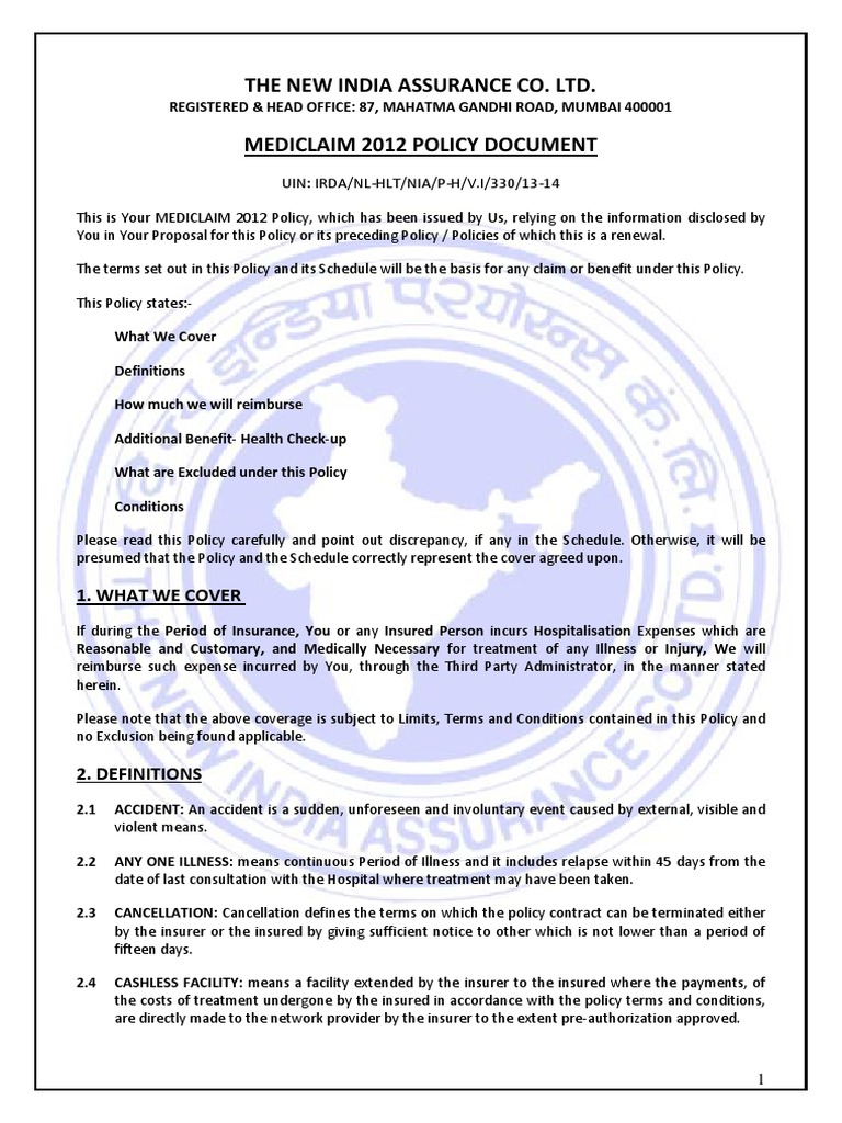 Mediclaim 2012 Policy Document | Patient | Insurance