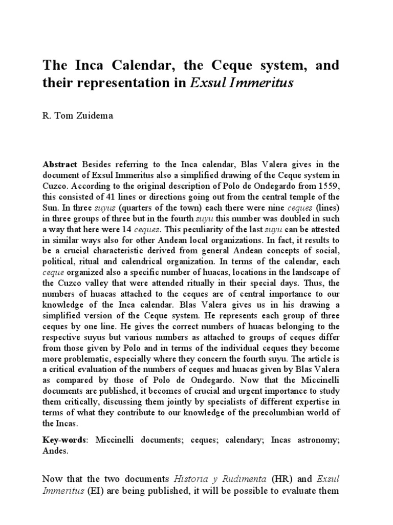 The Inca Calendar, The Ceque System, and Their Representation in | PDF ...