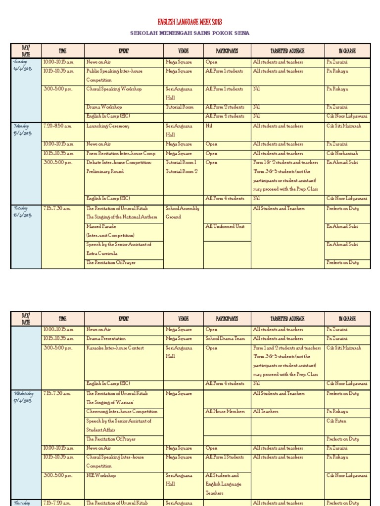 English Language Week 2013: Day/ Date Time Event Venue Participants ...
