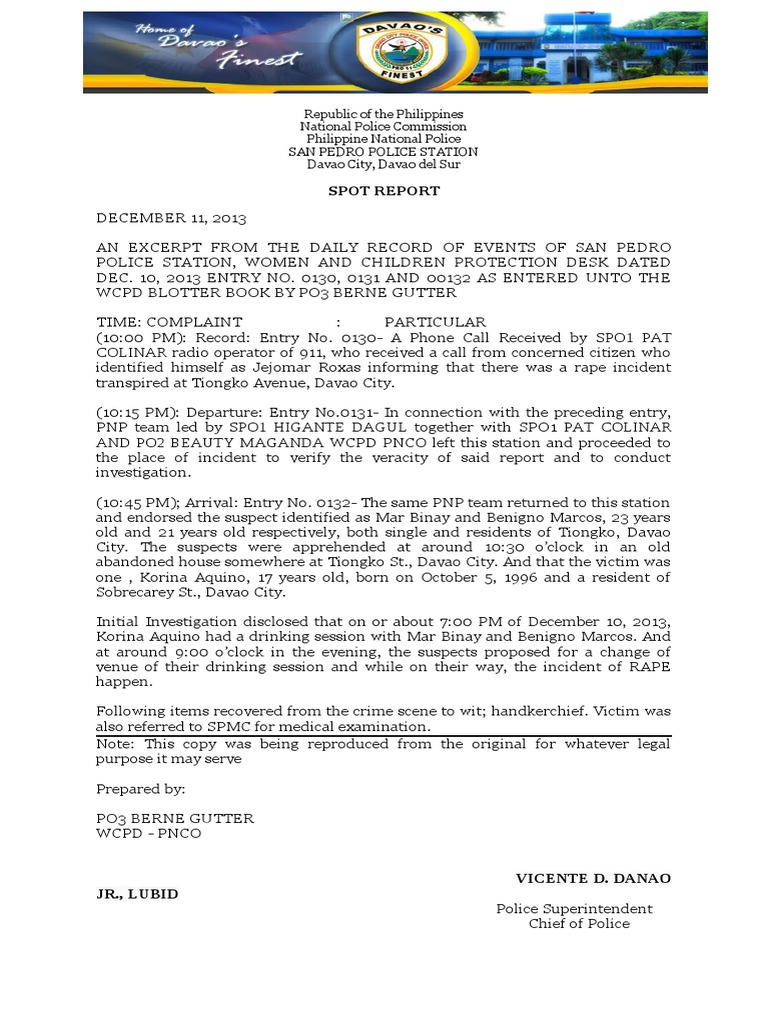 Police Blotter Report: Rape Incident | PDF | Foreign Language Studies