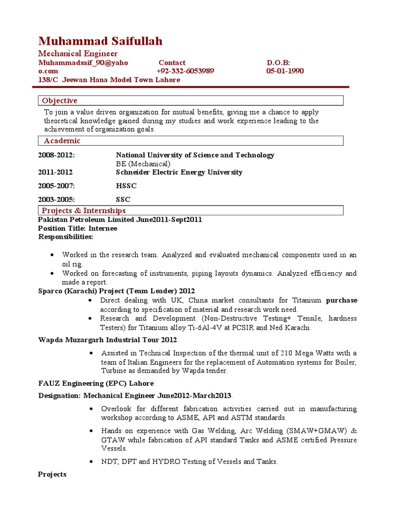 Muhammad Saifullah: Mechanical Engineer Profile | PDF