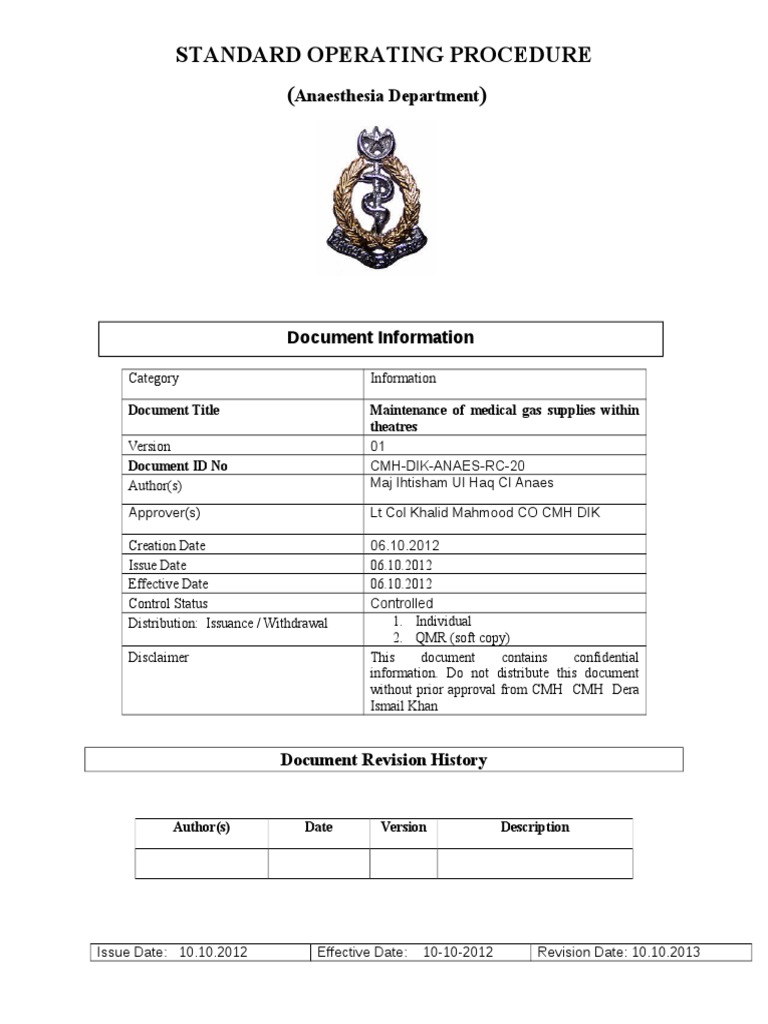 Standard Operating Procedure : Anaesthesia Department | PDF | Gases ...