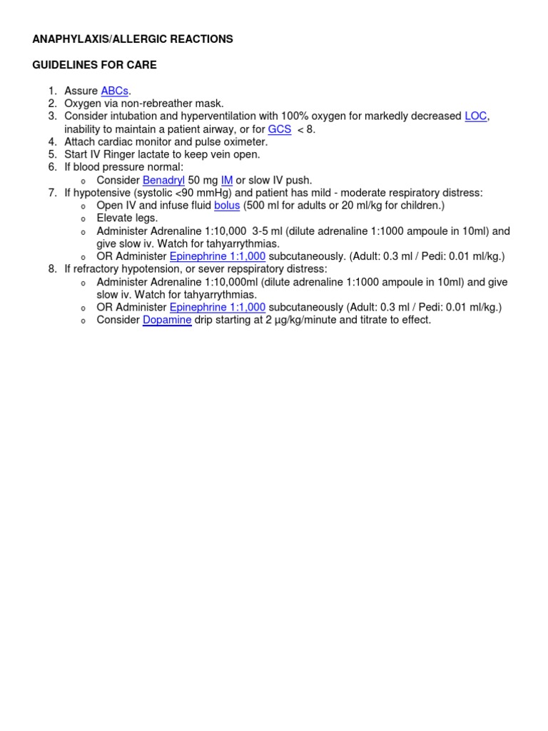 Abcs LOC GCS: Anaphylaxis/Allergic Reactions Guidelines For Care | PDF ...