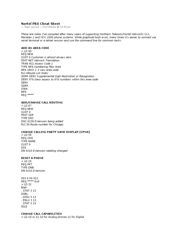 Nortel PBX Cheat Sheet | PDF | Telephone Numbering Plan ...