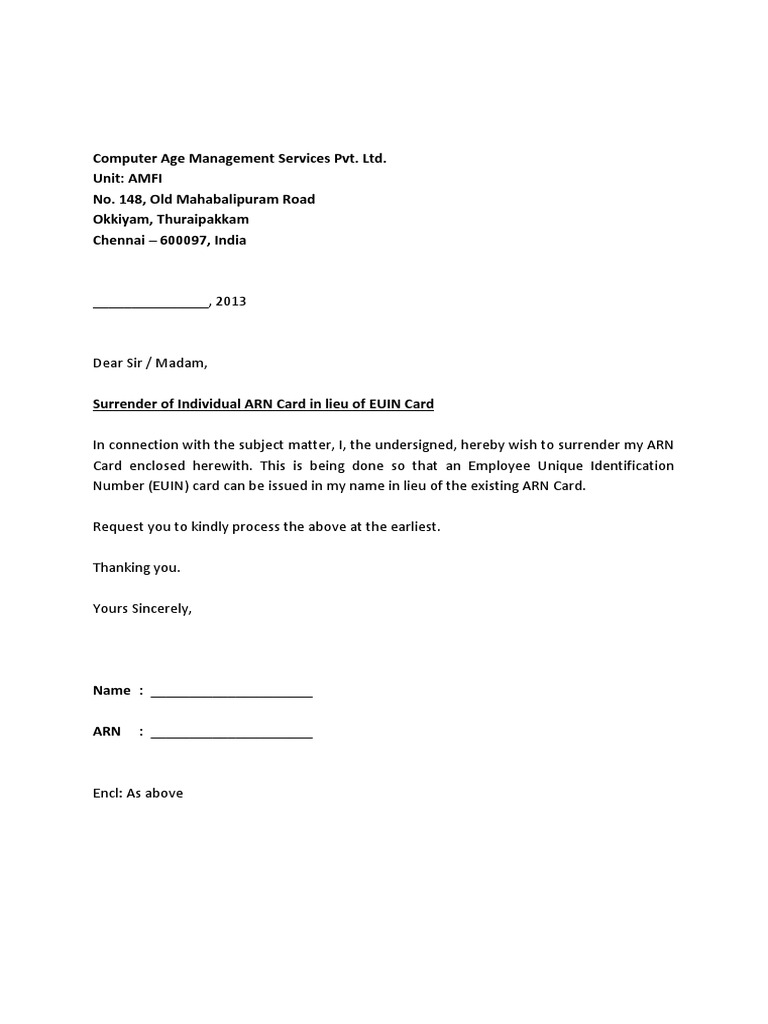 Letter For Surrender of Individual ARN Card | PDF