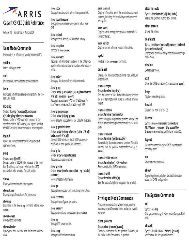 Cadant C3 - CLI Quick Reference | Ip Address | Command Line Interface