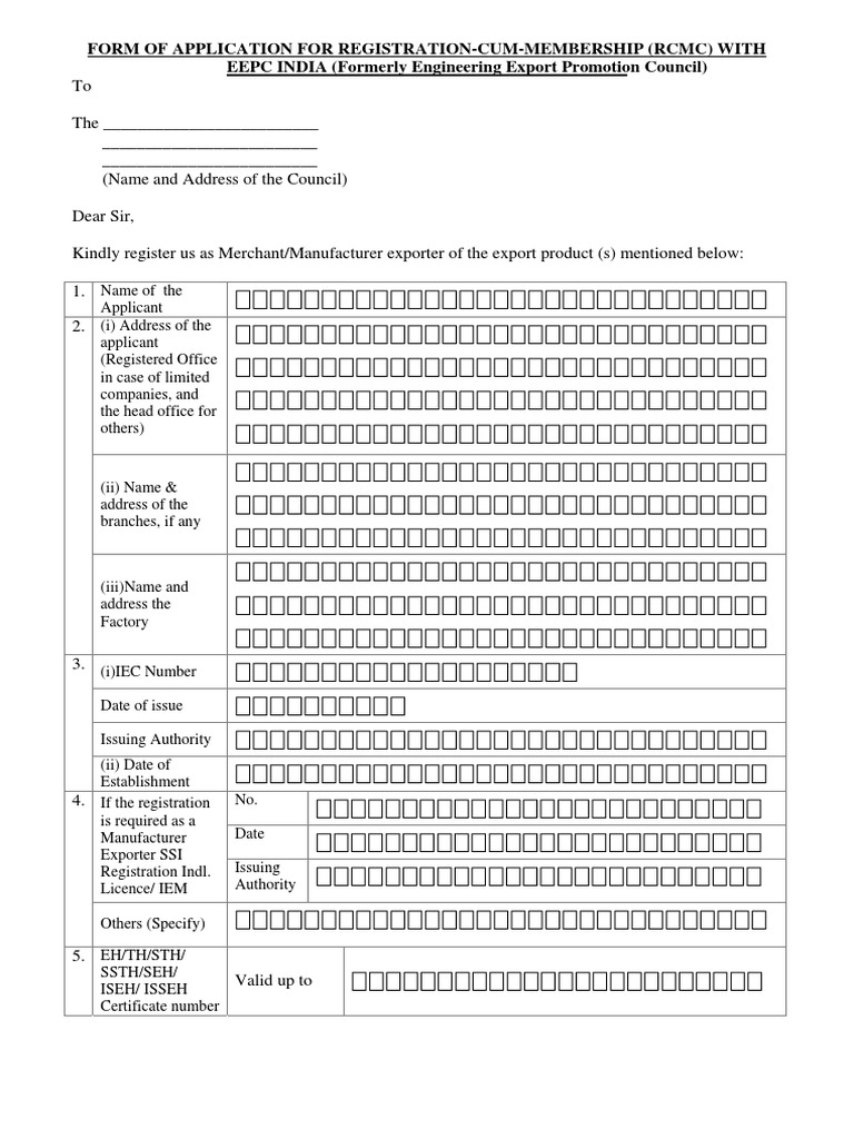 Form of Application For Registration-Cum-Membership (RCMC) With EEPC ...
