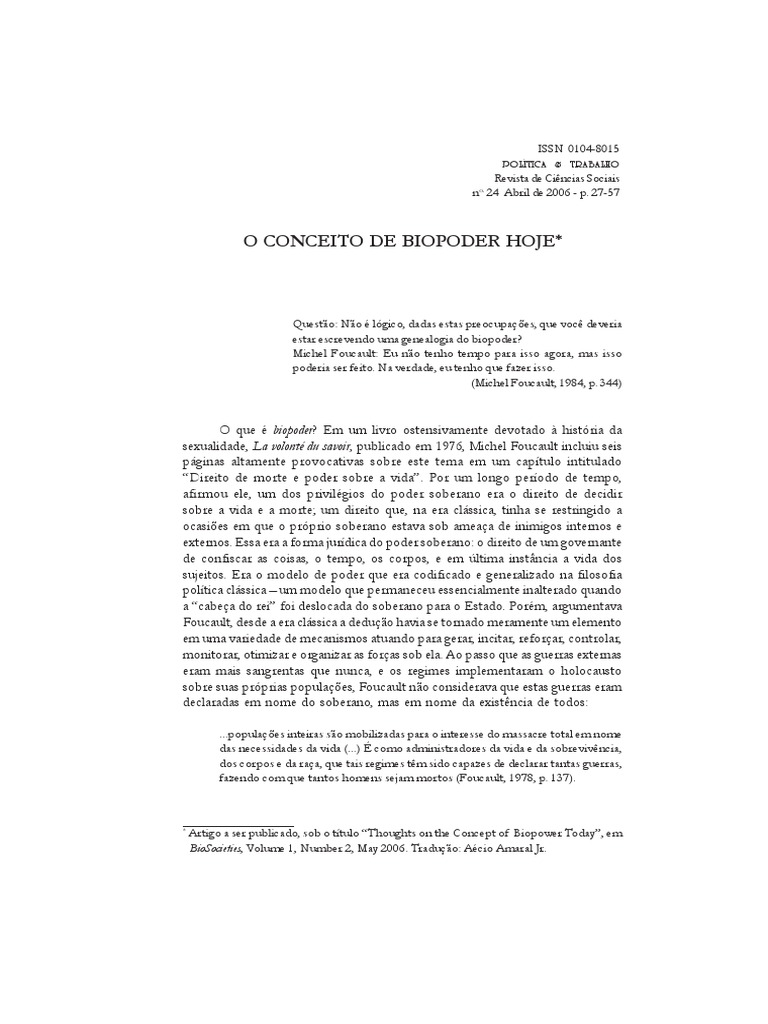O Conceito de Biopoder Hoje | Download grátis PDF | Michel Foucault ...